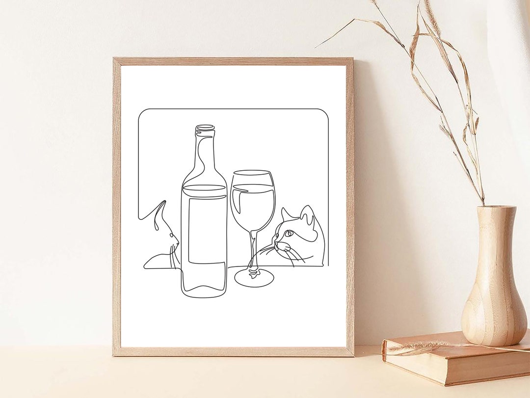 Wine Print Fine Line, Bar Cart Prints, Minimal Print, Gallery Wall, One ...