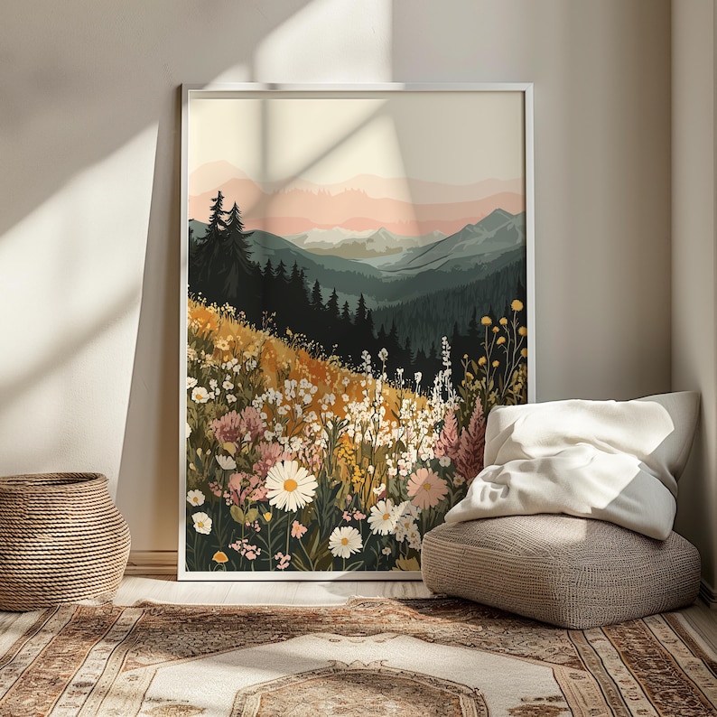 Mountain Sunset Poster, Wildflower Landscape Print, Midcentury Modern ...