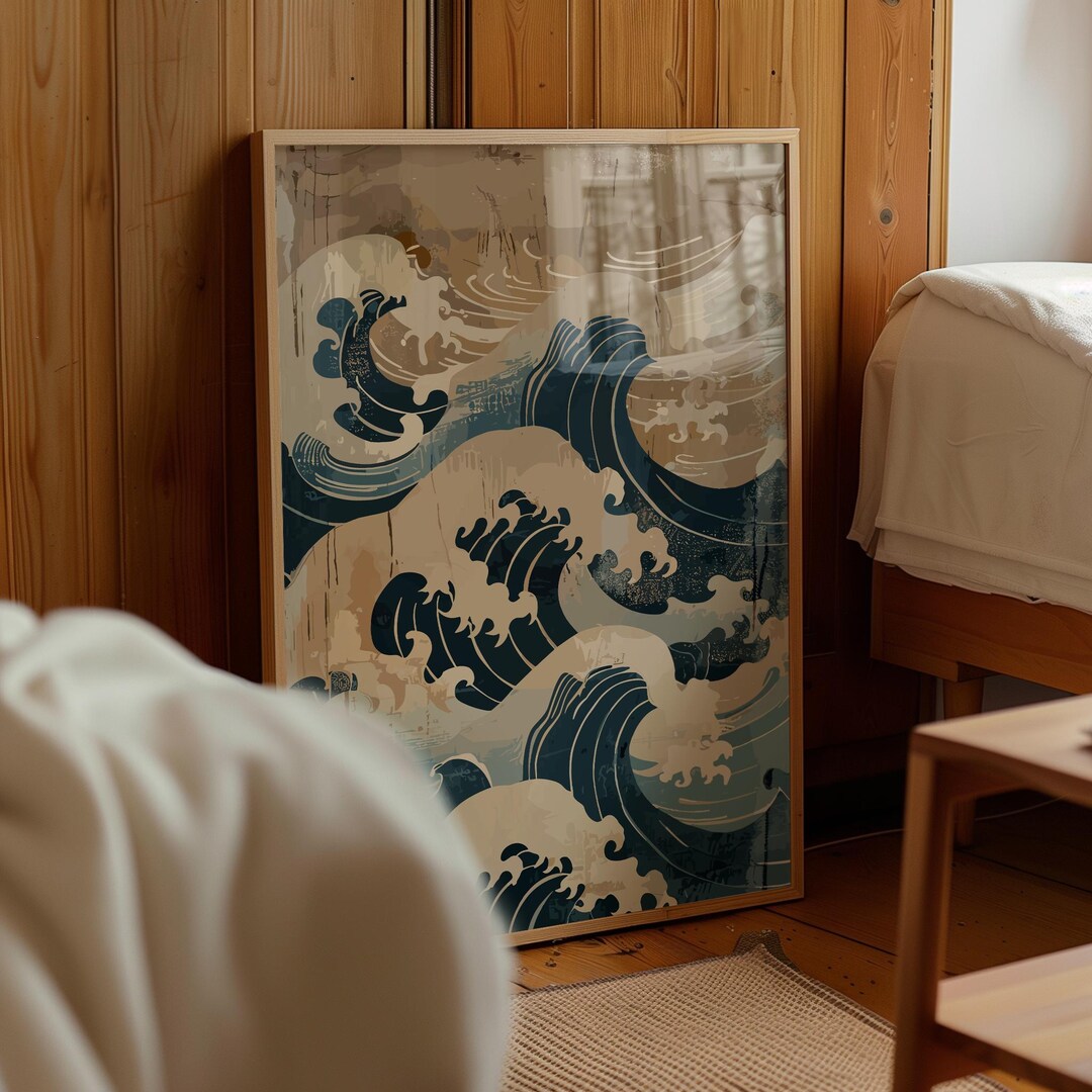 Japanese Poster, Mid Century Modern Poster, Blue Japandi Wave Print ...