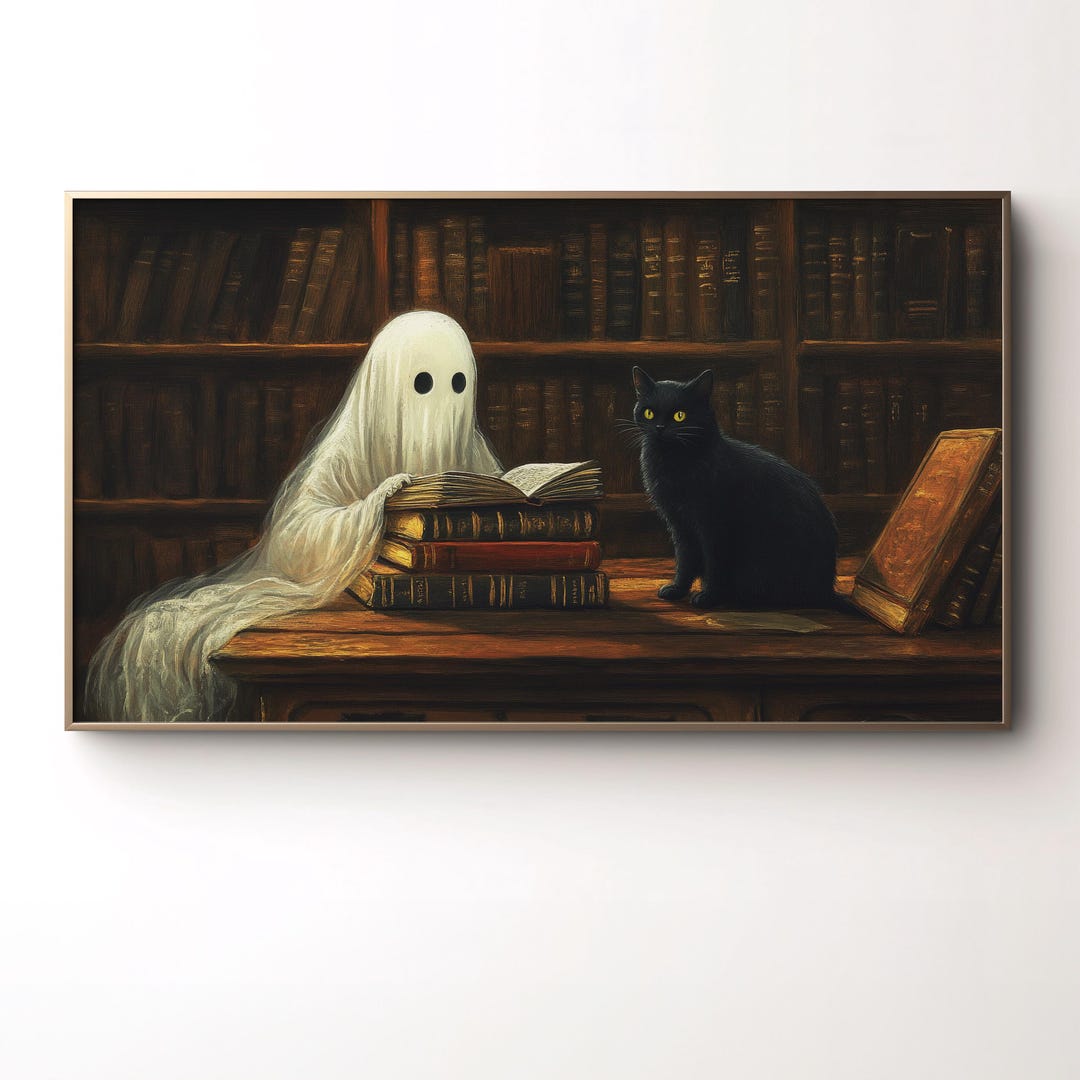 Ghost Reading Book TV Art: Spooky Halloween Library Decor (digital ...