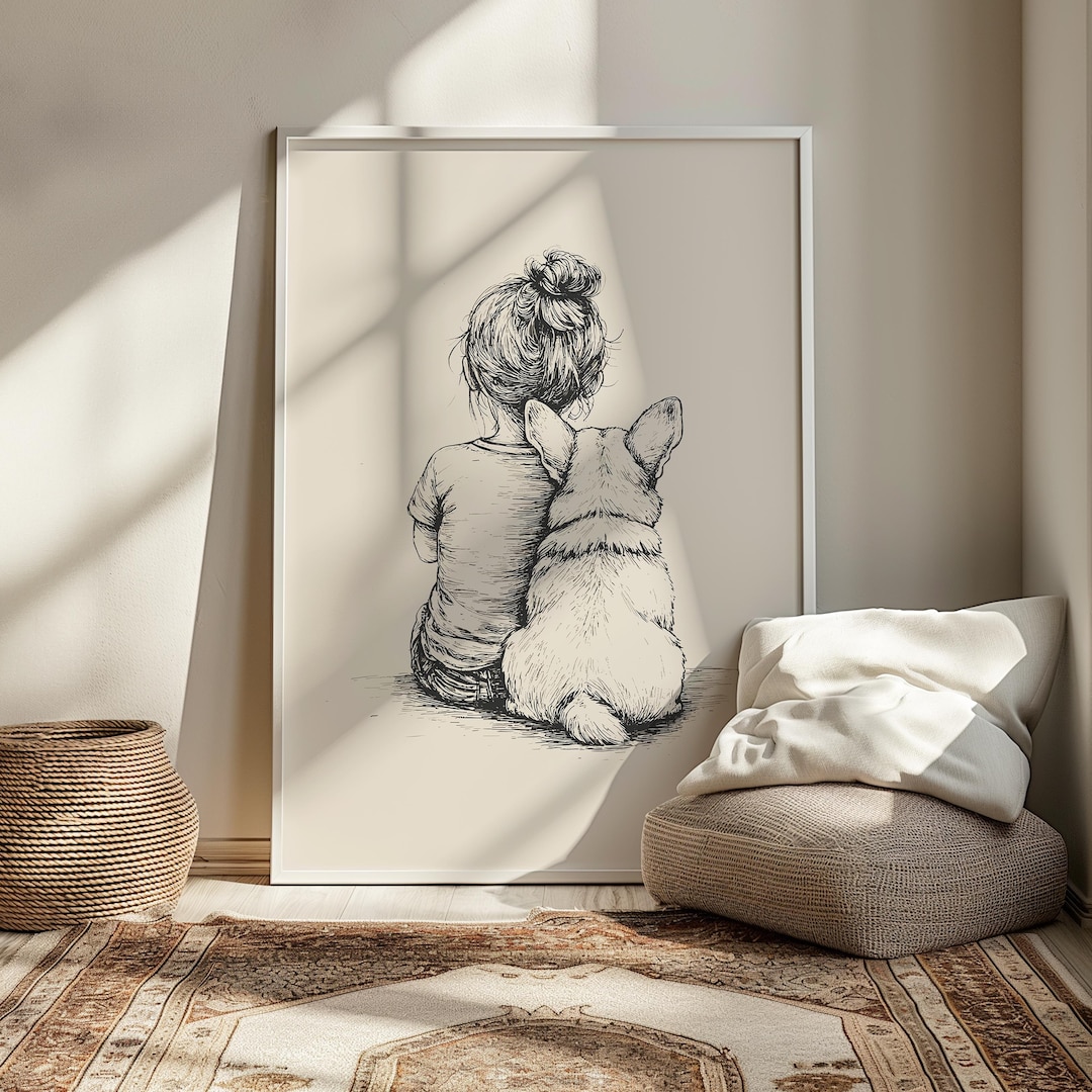 Corgi With Girl Nursery Decor, Dog Vintage Poster, Corgi Sketch, Puppy ...