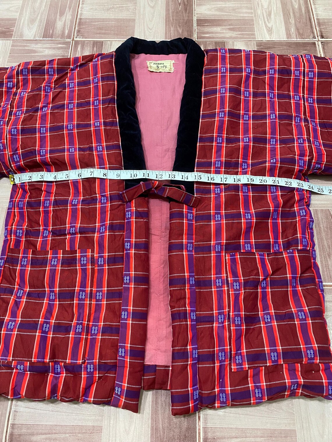 Vintage Hanten Jacket Plaid Pattern Padded Kimono Japanese Traditional ...