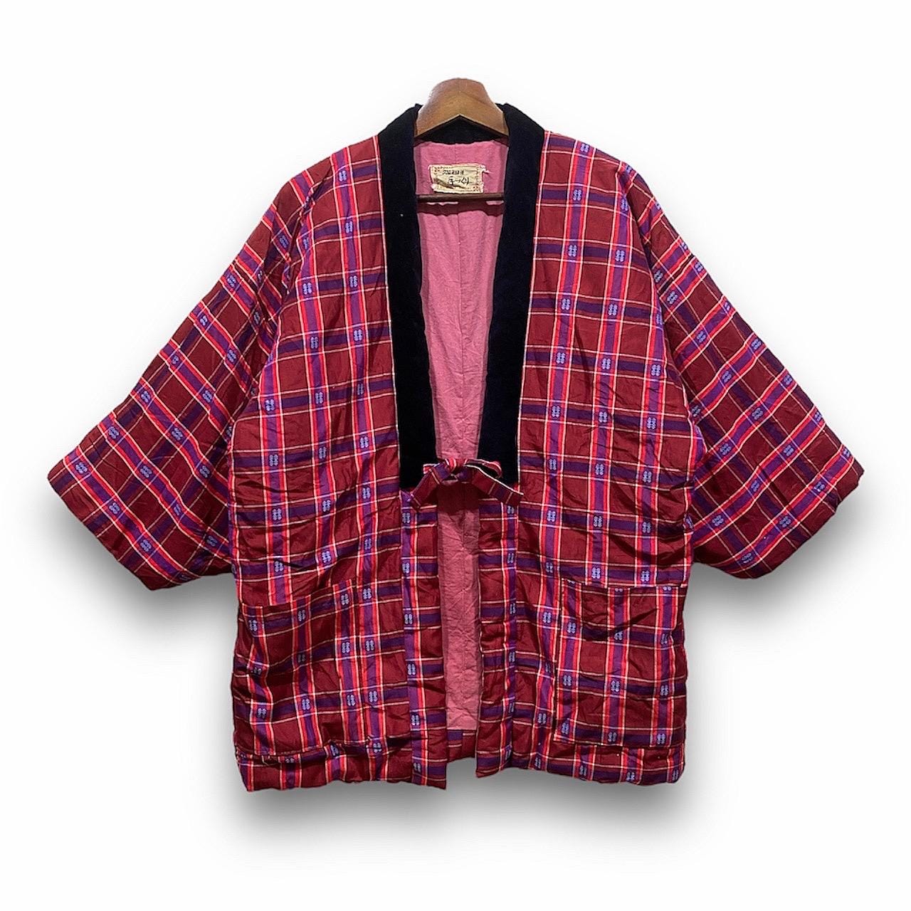 Vintage Hanten Jacket Plaid Pattern Padded Kimono Japanese Traditional ...