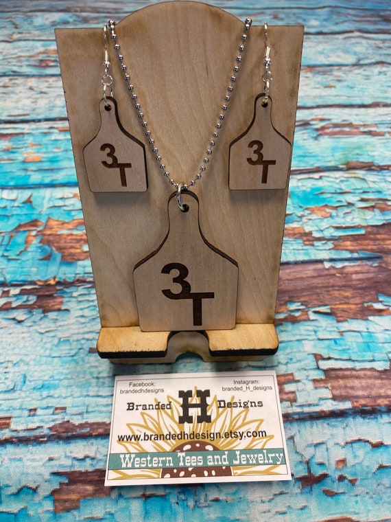 Personalized cattle tag necklace with matching earrings | Etsy