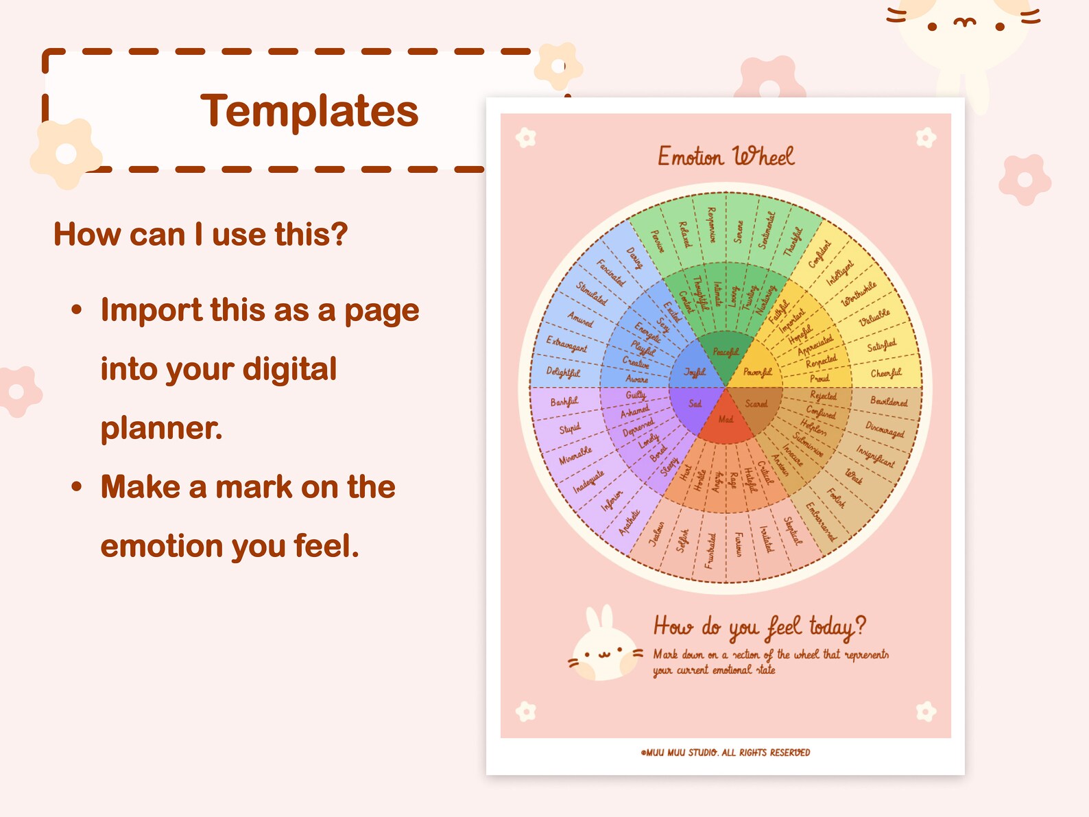 Emotion Wheel Self Care Guided Journal Worksheet Self Love Pink Cute ...