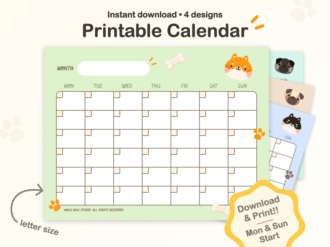 Printable Blank Undated Open Monthly Calendar, Desk Planner, Cute ...