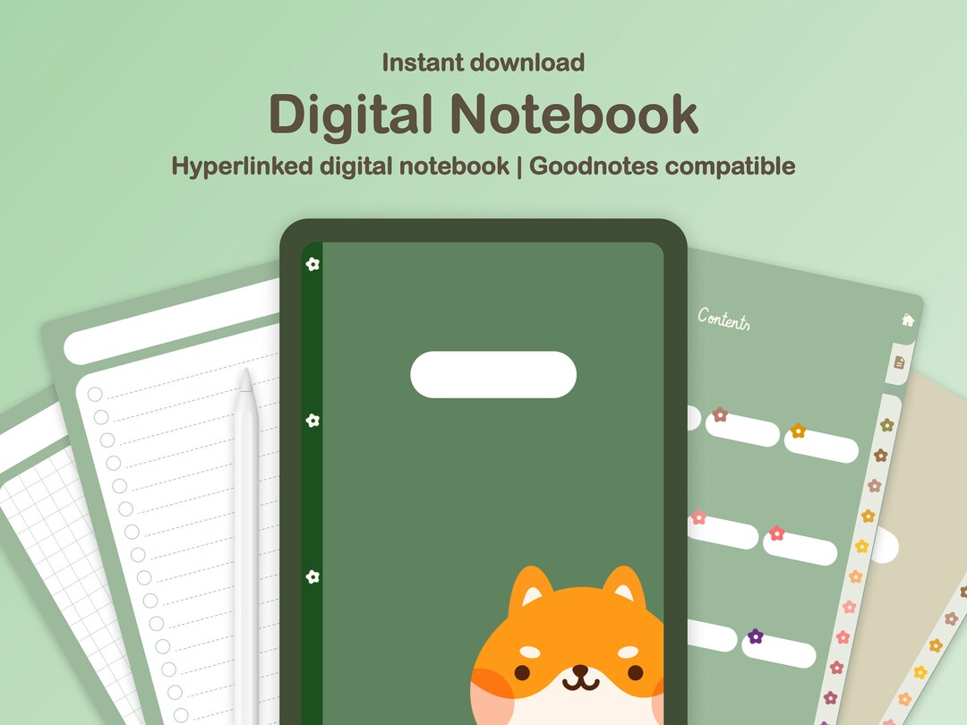 Goodnotes Notebook Hyperlinked Cute Shiba Inu Husky Dog in Green Lined ...