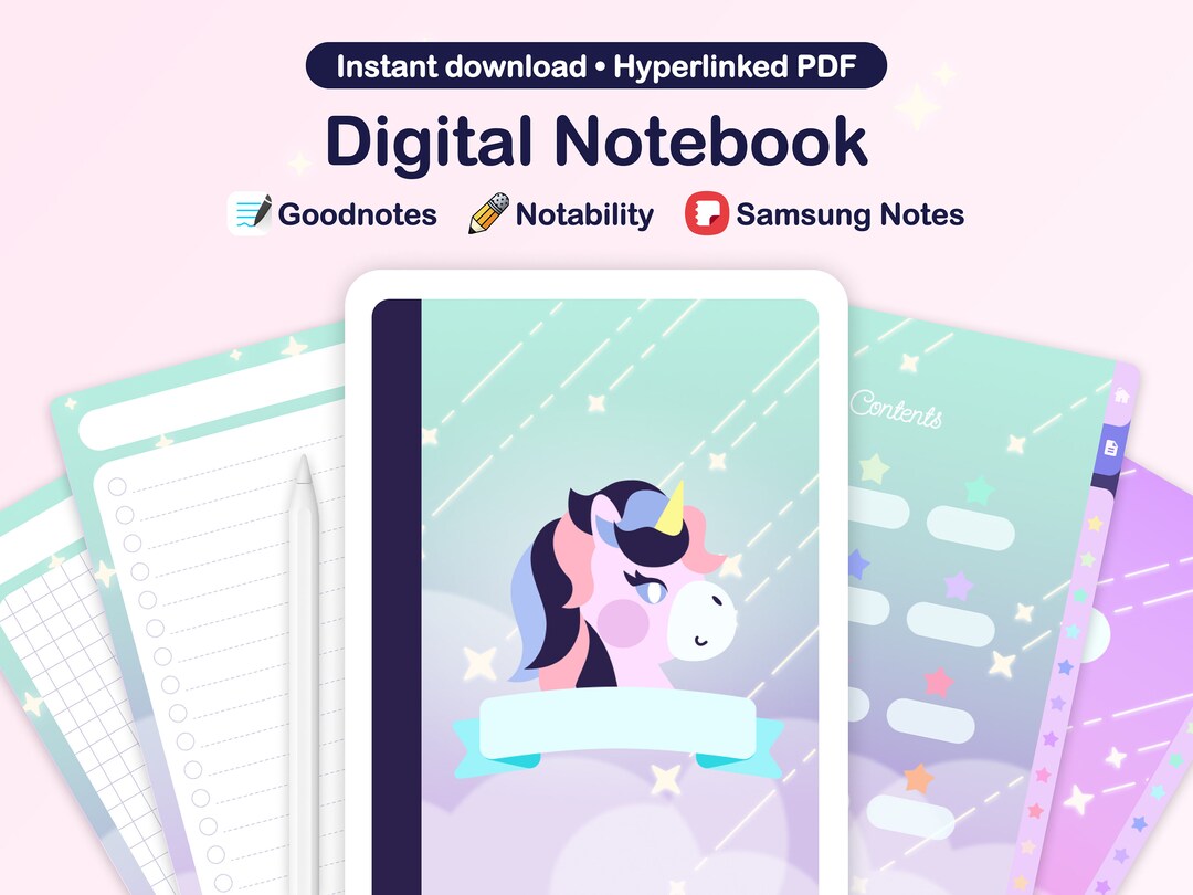 Cute Pastel Goth Unicorn Digital Notebook Hyperlinked PDF for Goodnotes ...