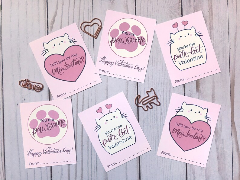 Cute Kids' Printable Pink Cat-themed Valentine Cards for School ...