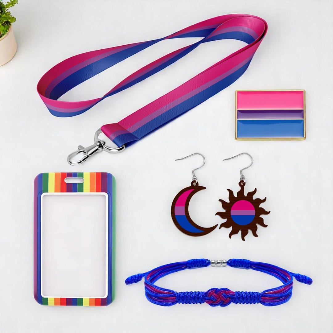 Bisexual Pride Accessories Set, 5in1 Lanyard, Pin, Bracelet, Earring ...
