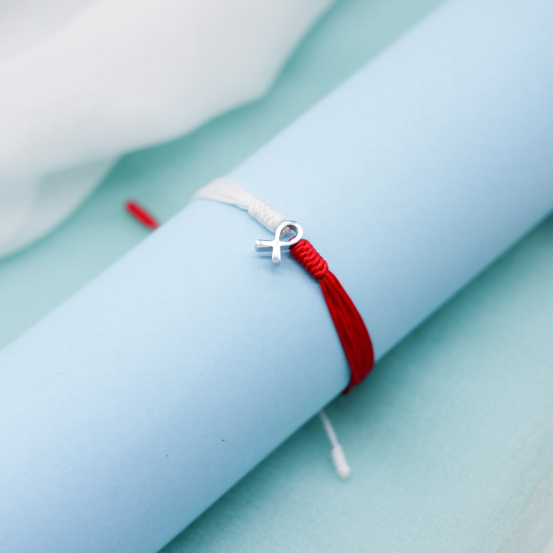 Red and White Ribbon Awareness String Bracelet, Protection Bracelet for ...