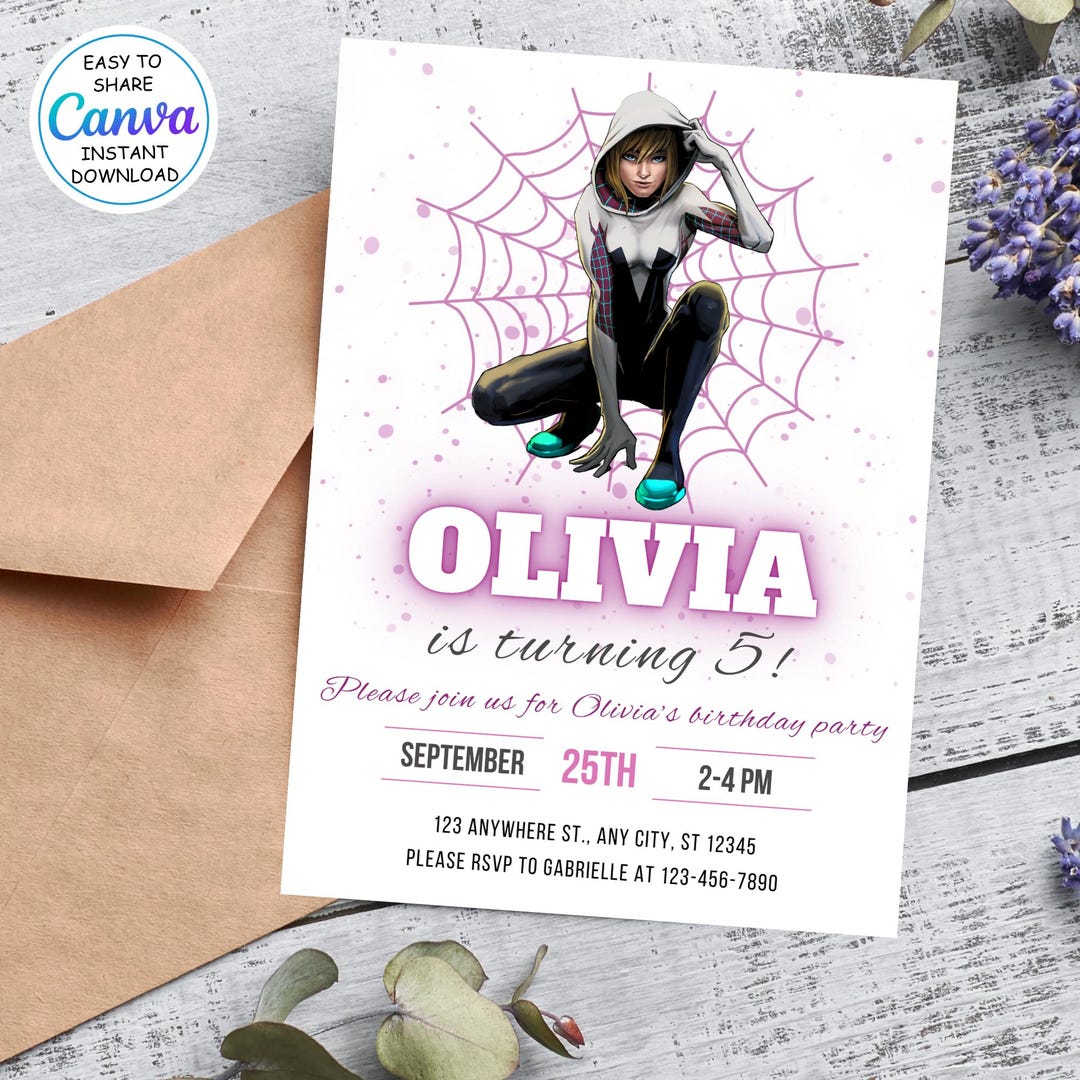 Ghost Spider Birthday Invitation Template – Editable Gwen Stacy Party ...