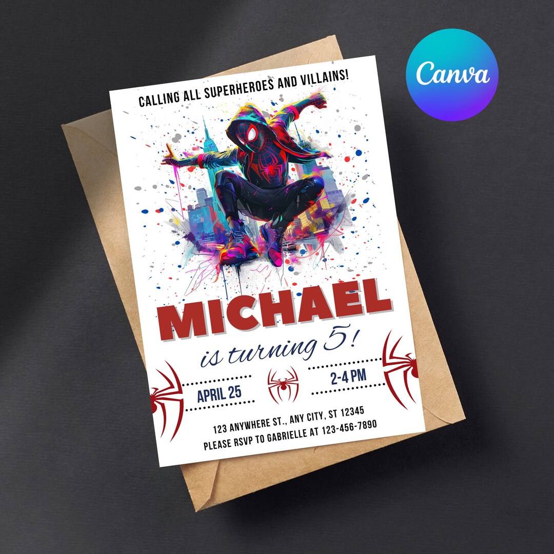 Miles Morales Spiderman Birthday Invitation Template - Editable Spider ...