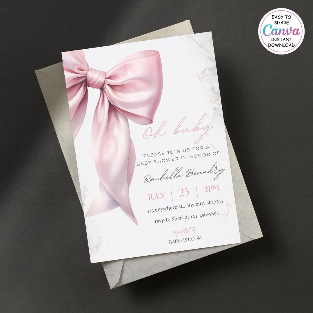 Editable Pink Bow Baby Shower Invitation Template - Editable Coquette ...