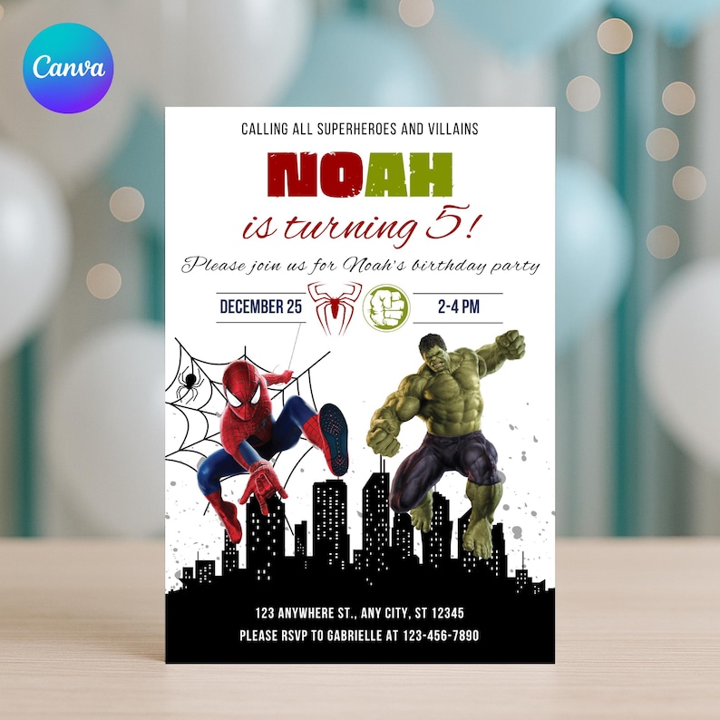 Spiderman & Hulk Birthday Invitation Template - Editable Birthday Party ...