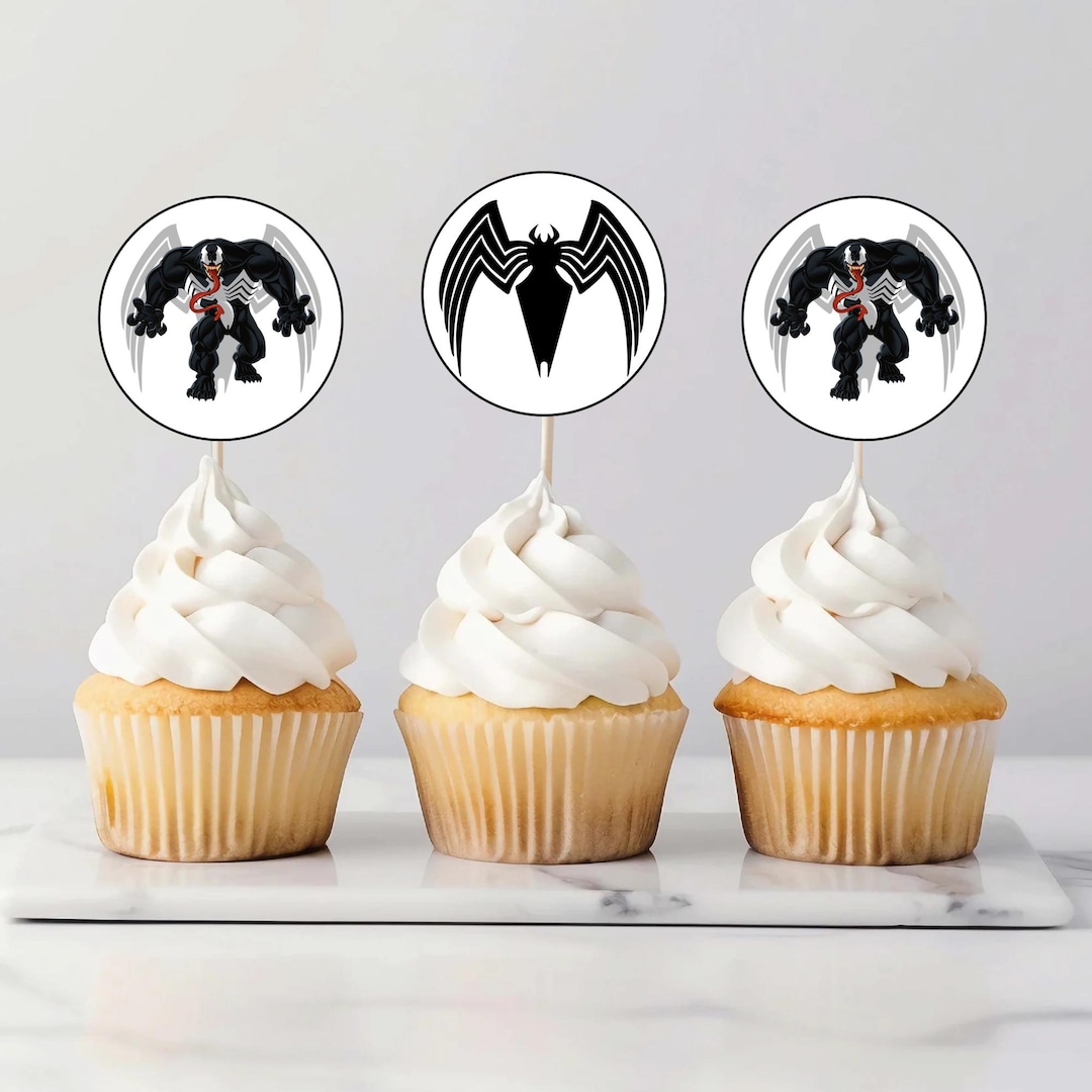 Venom Cupcake Toppers – Superhero Black Spiderman Party Decoration ...