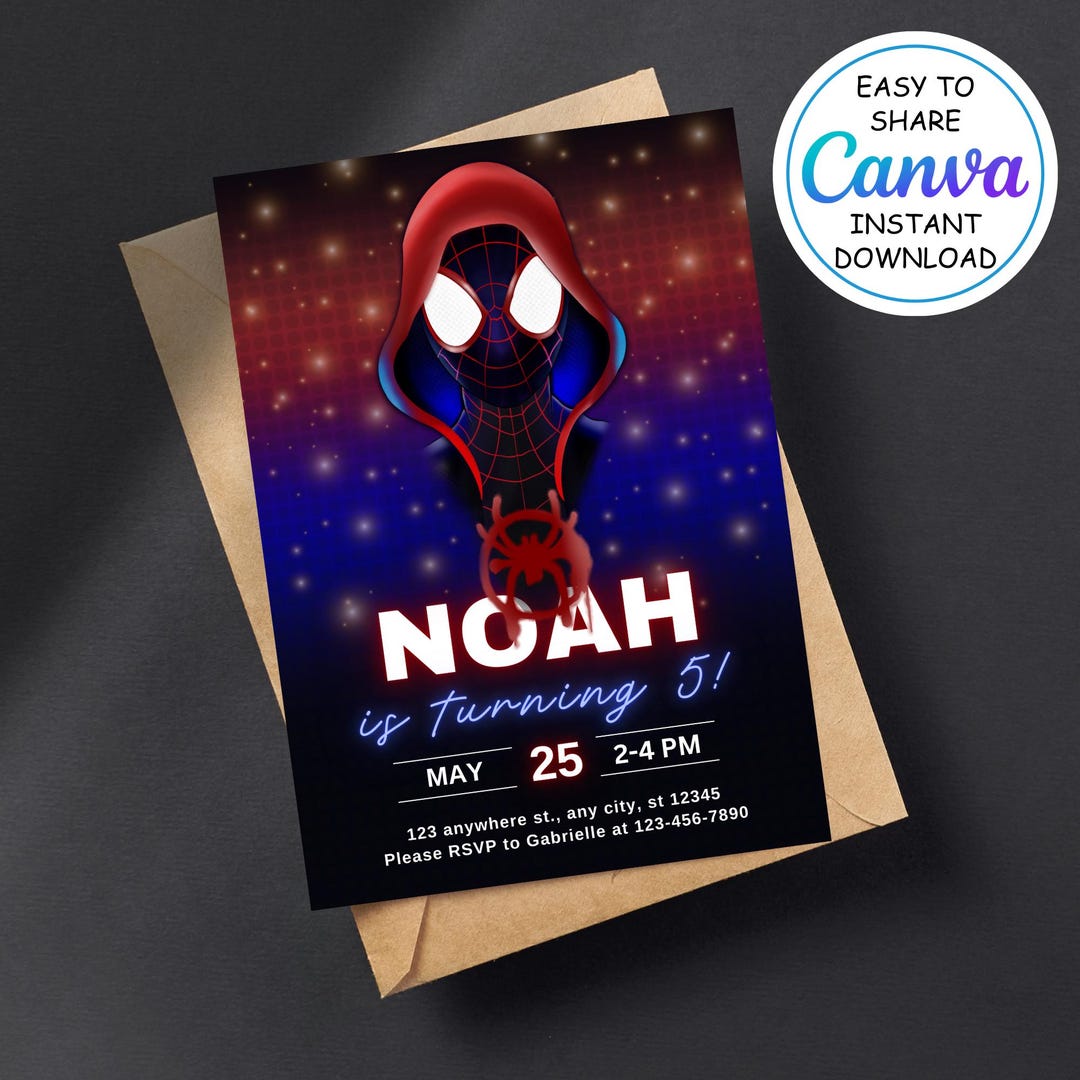 Editable Miles Morales Birthday Invitation Template - Black Spiderman ...