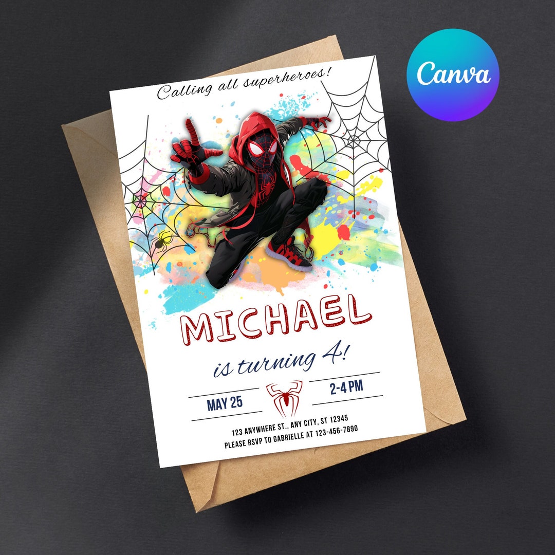 Editable Miles Morales Birthday Invitation Template - Printable Black ...