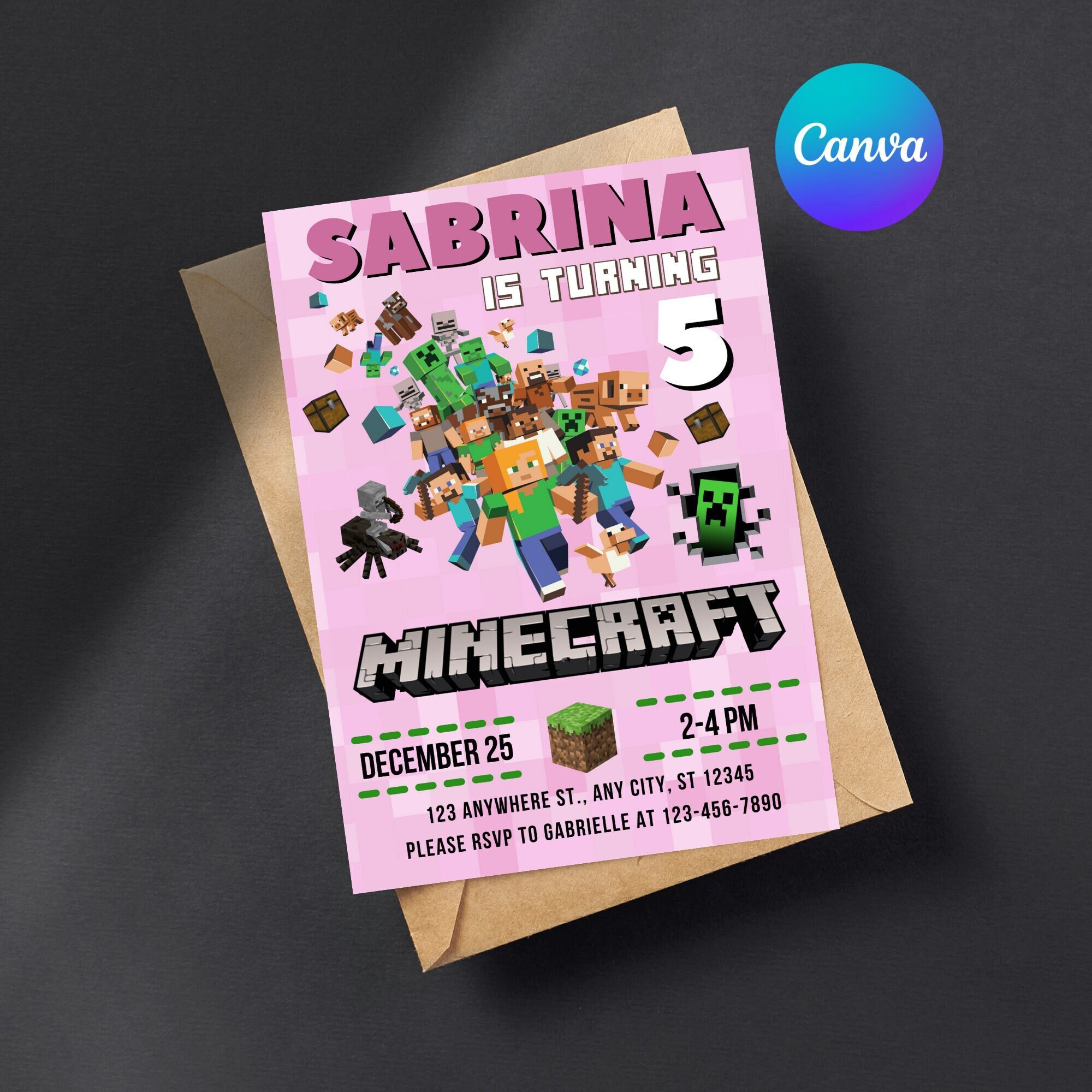 Minecrafter Girl Birthday Invitations Template Instant Download ...