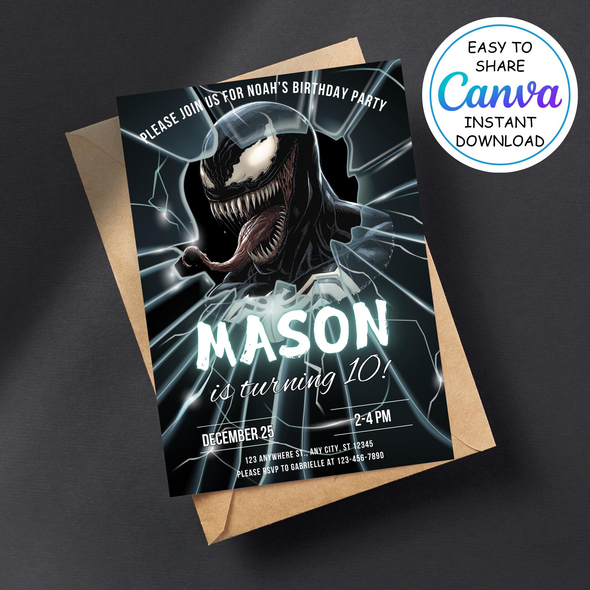 Venom Party Invitation Birthday Template Canva - Editable Superhero ...