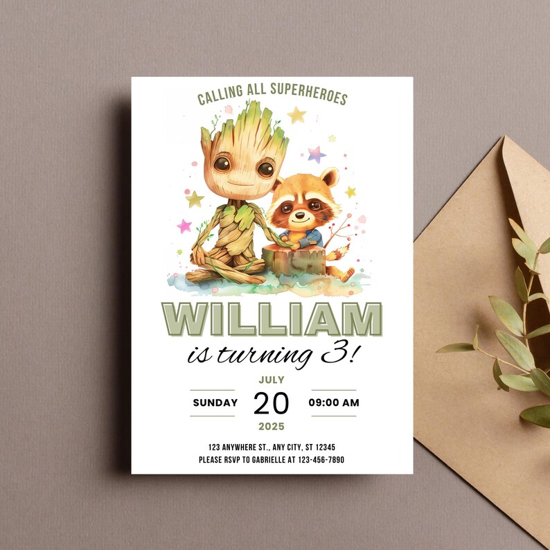 Cute Groot and Rocket Birthday Invitation Template Instant Download ...