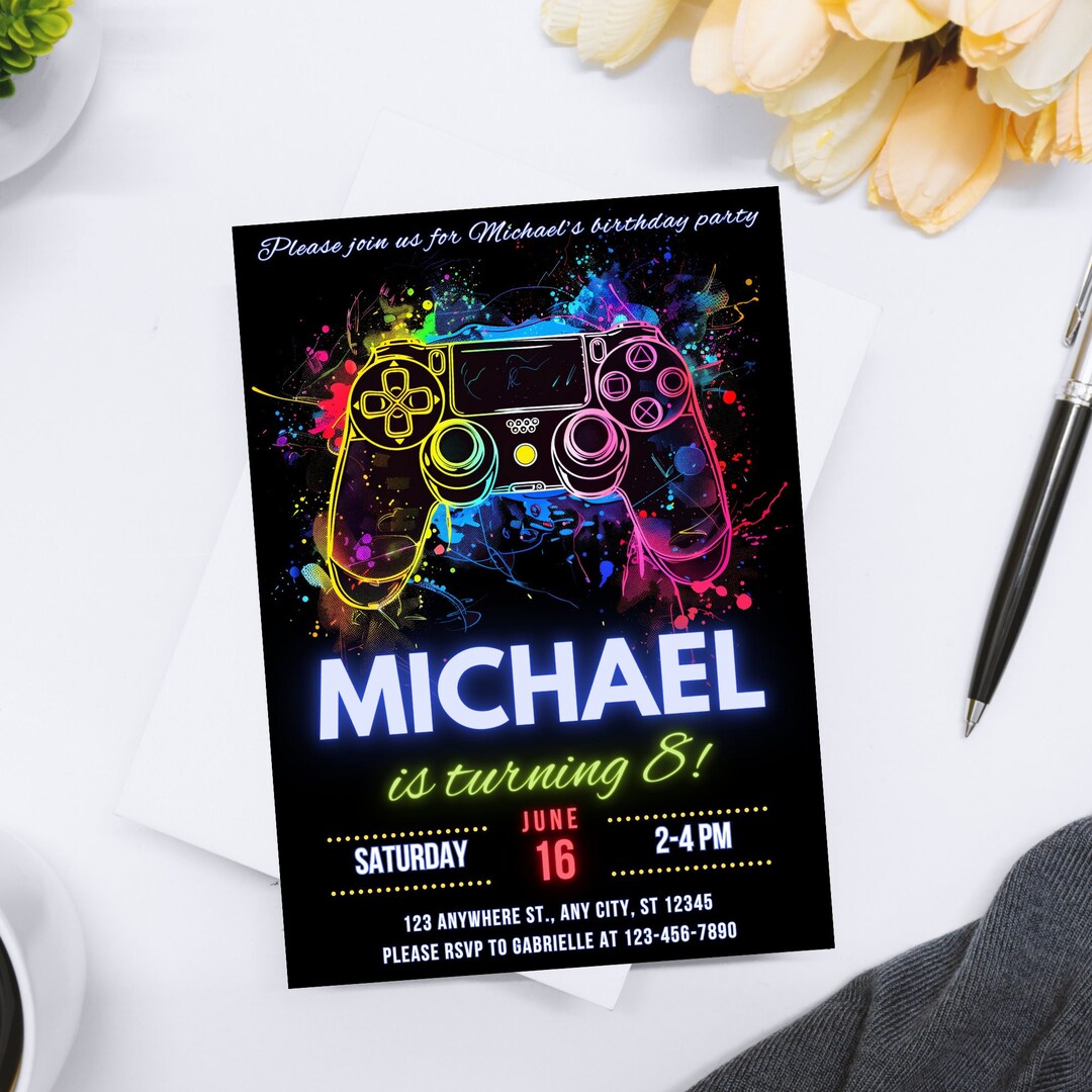 Editable Video Game Birthday Invitation Template Printable Neon Gamer ...