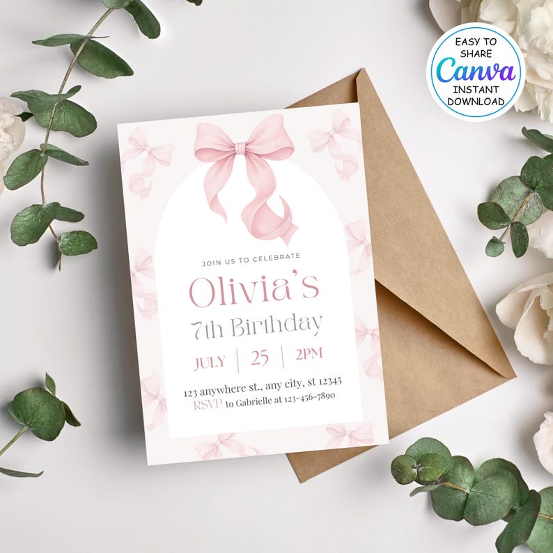 Editable Pink Bow Birthday Invitation – Pink Coquette Bow Invite Canva ...