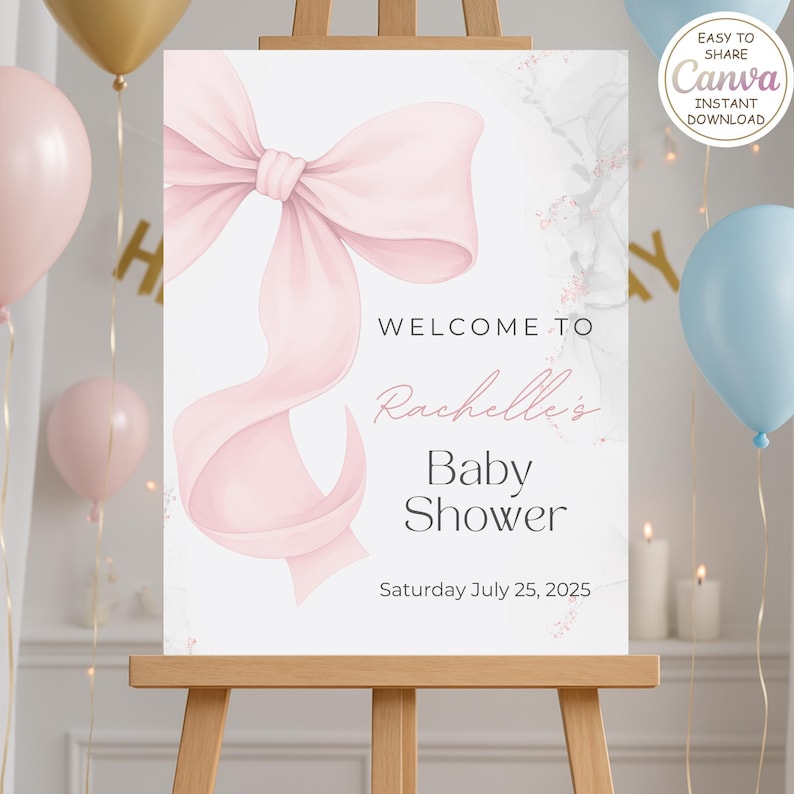 Pink Bow Baby Shower Welcome Sign - Printable Coquette Bow Girl Baby ...