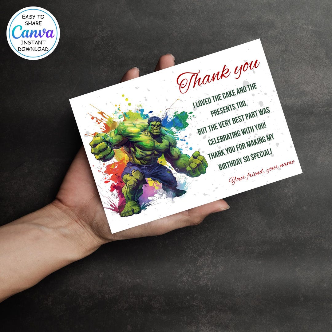 Hulk Thank You Card Template Instant Download - Printable Hulk Thank ...