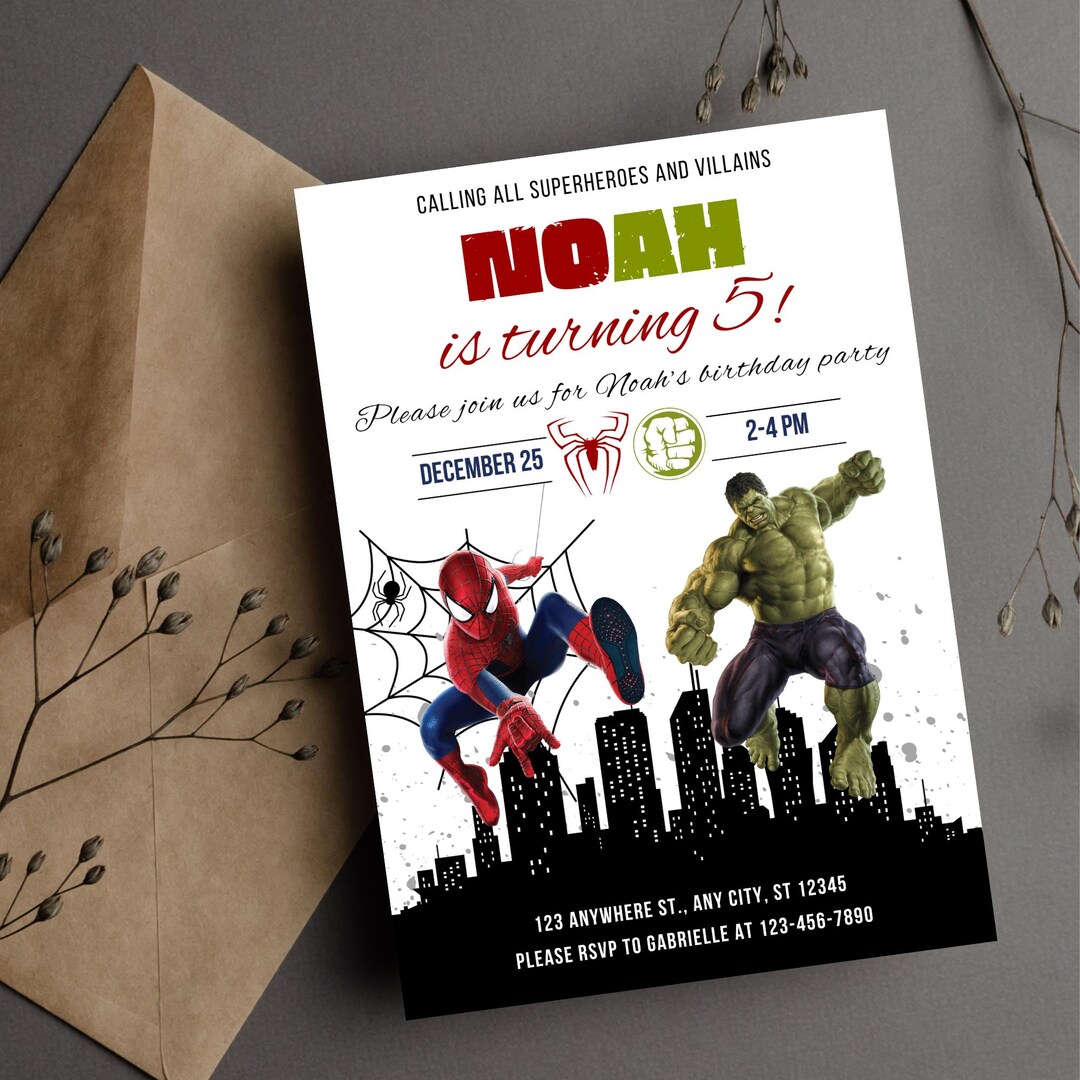 Spiderman & Hulk Birthday Invitation Template - Editable Birthday Party ...