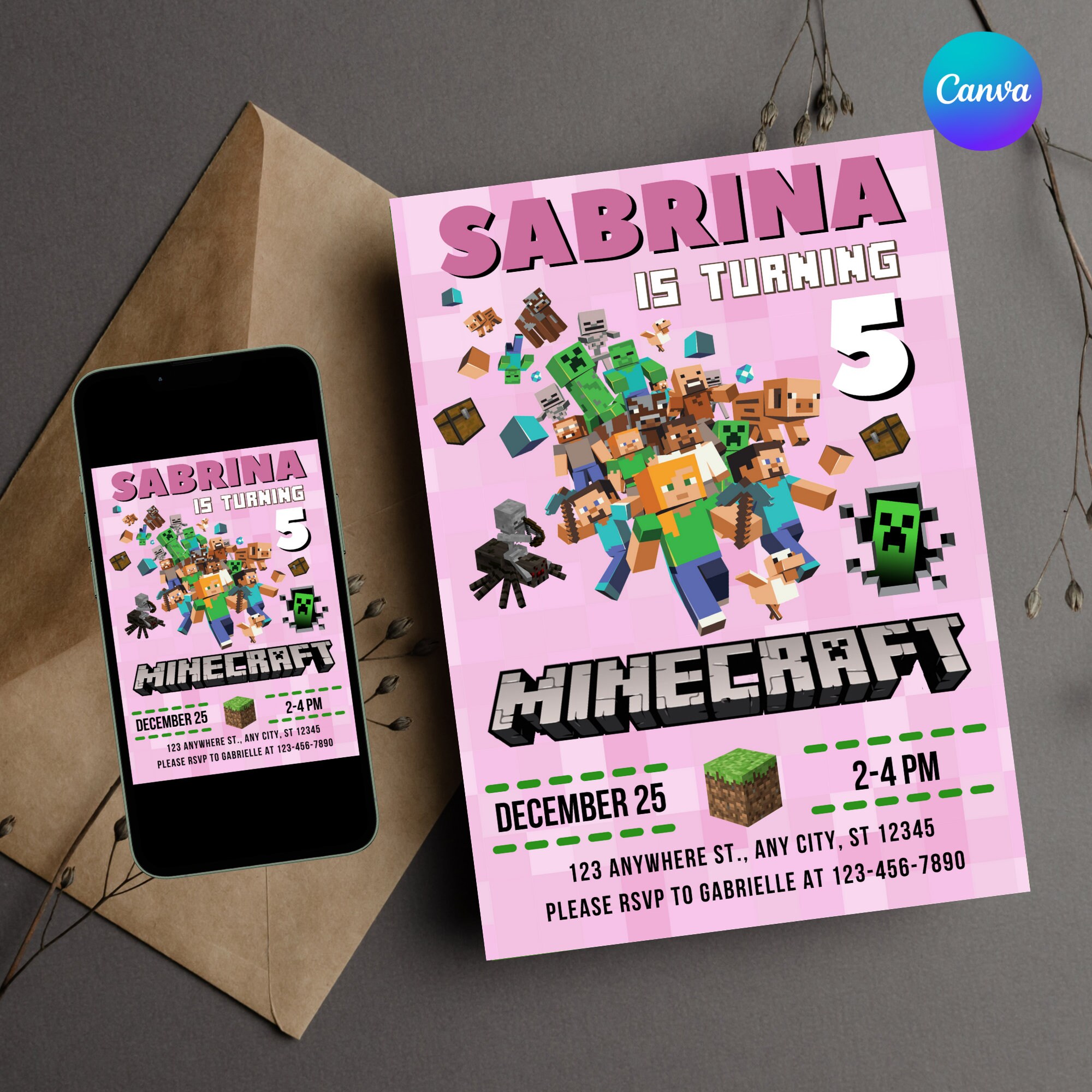 Minecrafter Girl Birthday Invitations Template Instant Download ...