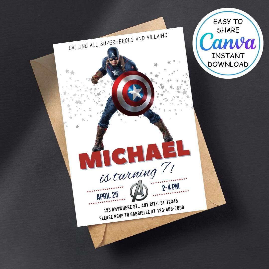 Editable Captain America Birthday Invitations Template - Avengers ...