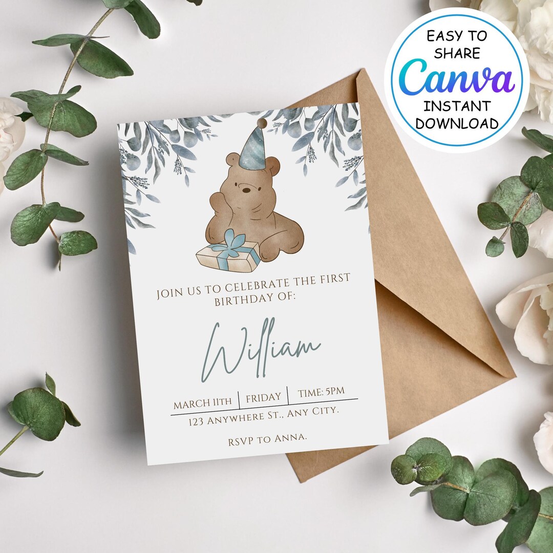 Editable Winnie the Pooh Invitation 1st Birthday Template Instant ...