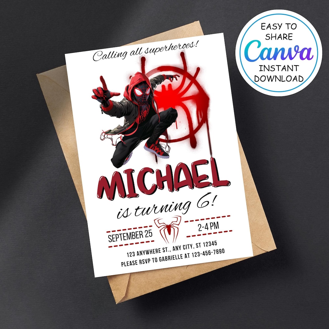 Editable Miles Morales Birthday Invitation Template - Black Spiderman ...