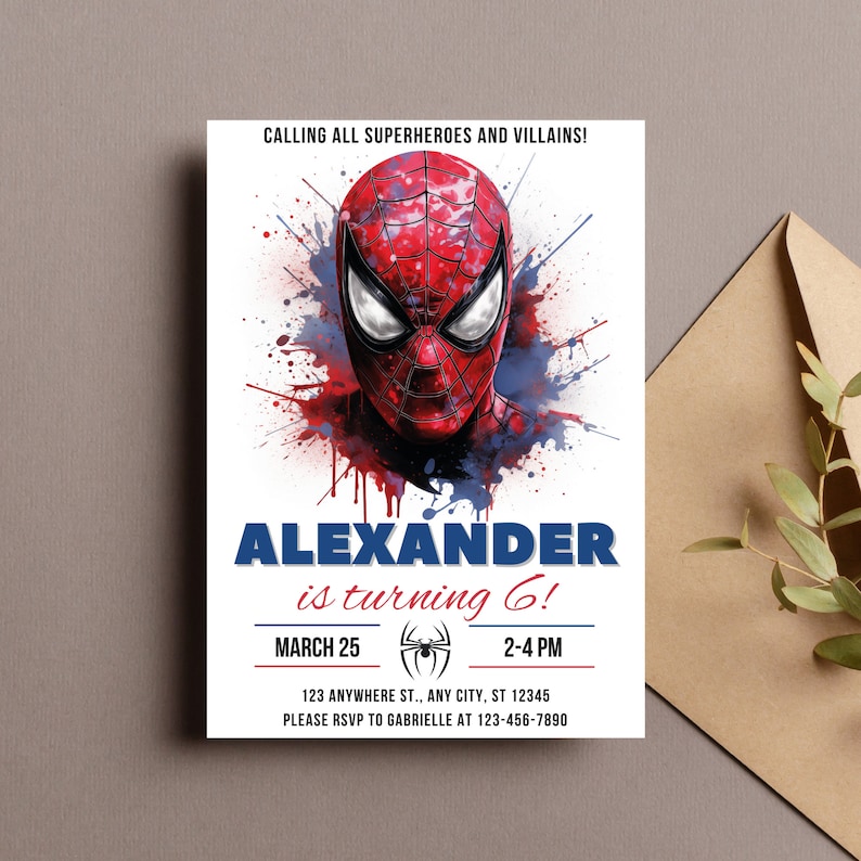 Spiderman Birthday Invitation Template Instant Download Watercolor ...