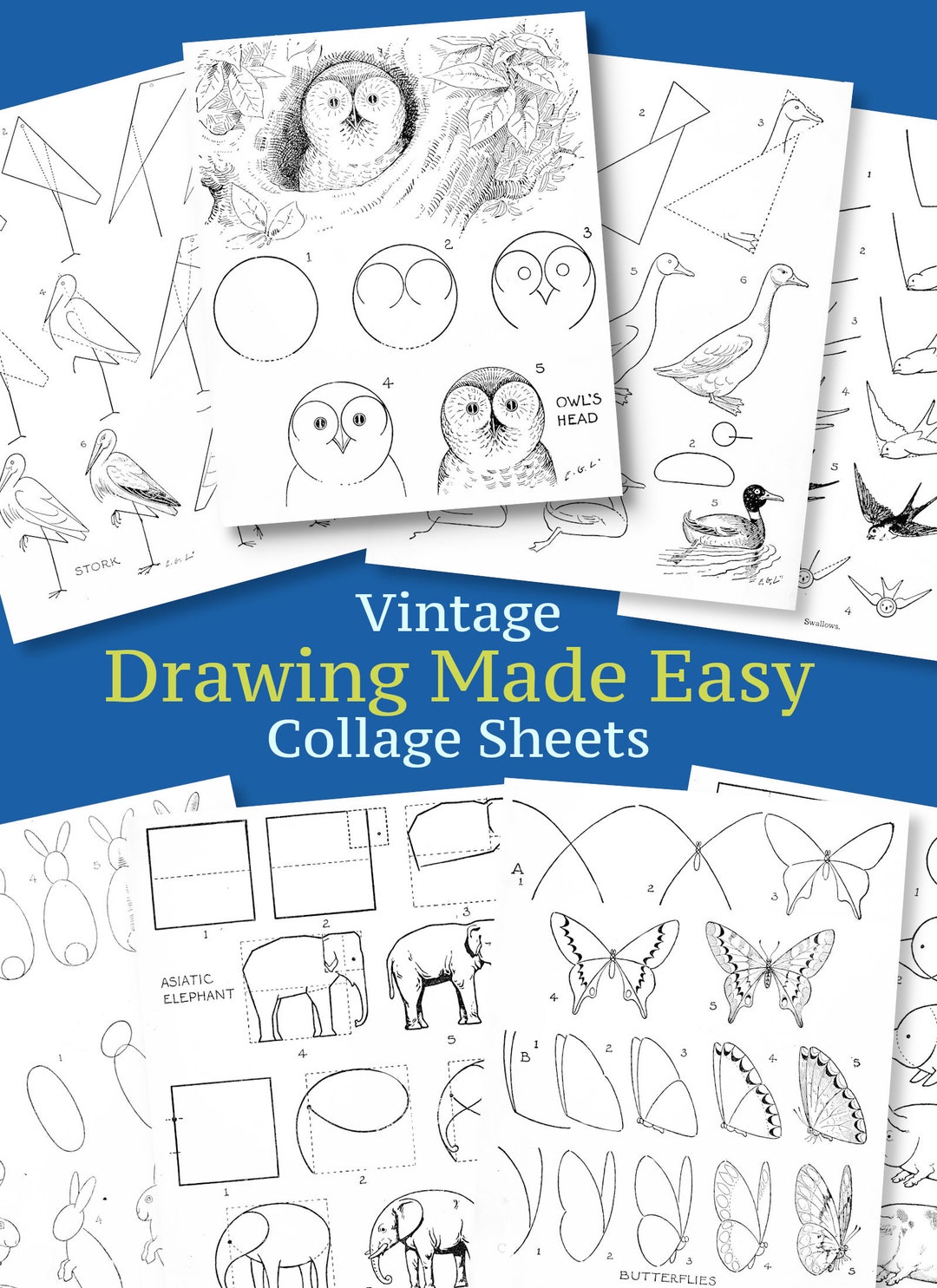 Drawing Made Easy Digital Collage Sheets, Vintage Postcard Papers for ...