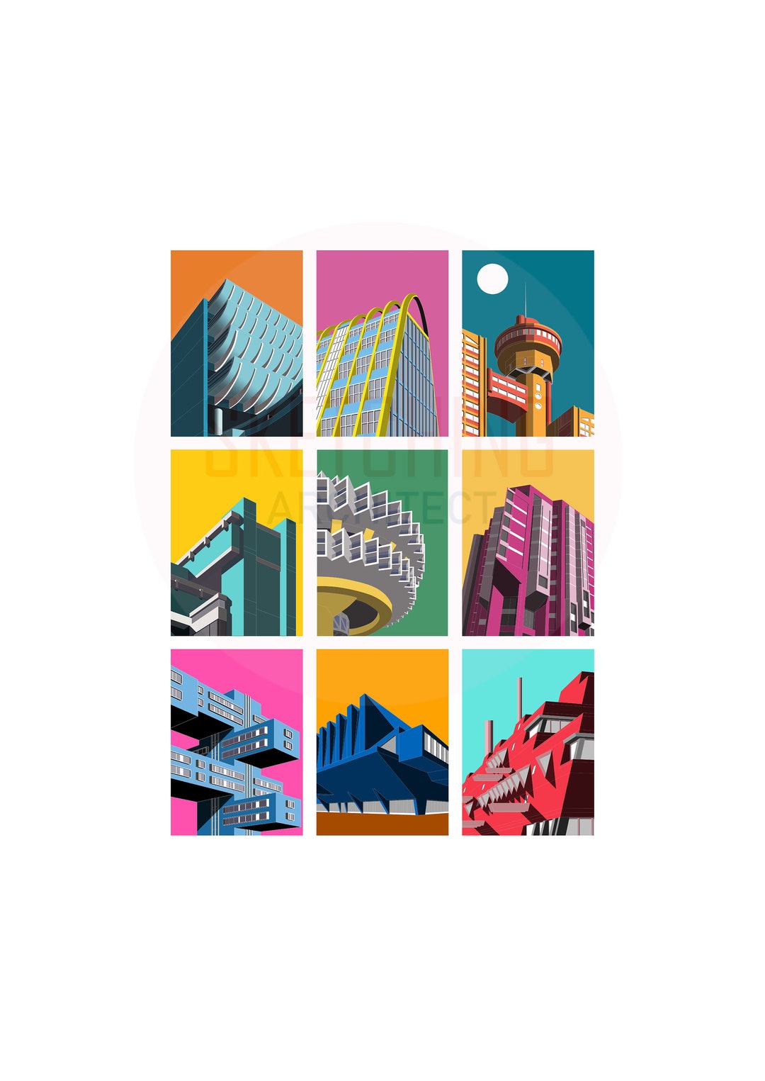 Brutalist Buildings Collage, Print, Poster, Artwork, Architecture Print ...