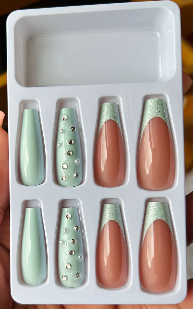 Light Teal Long Coffin With Rhinestones - Etsy