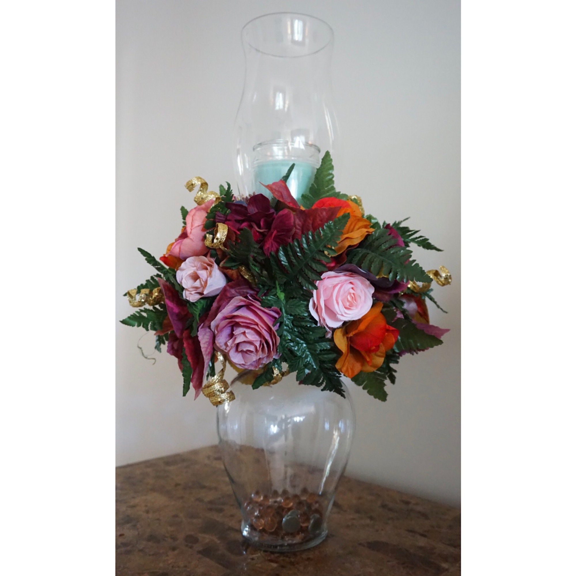 Multicolor Centerpiece Flower Arrangement With Hurricane Candle Holder ...
