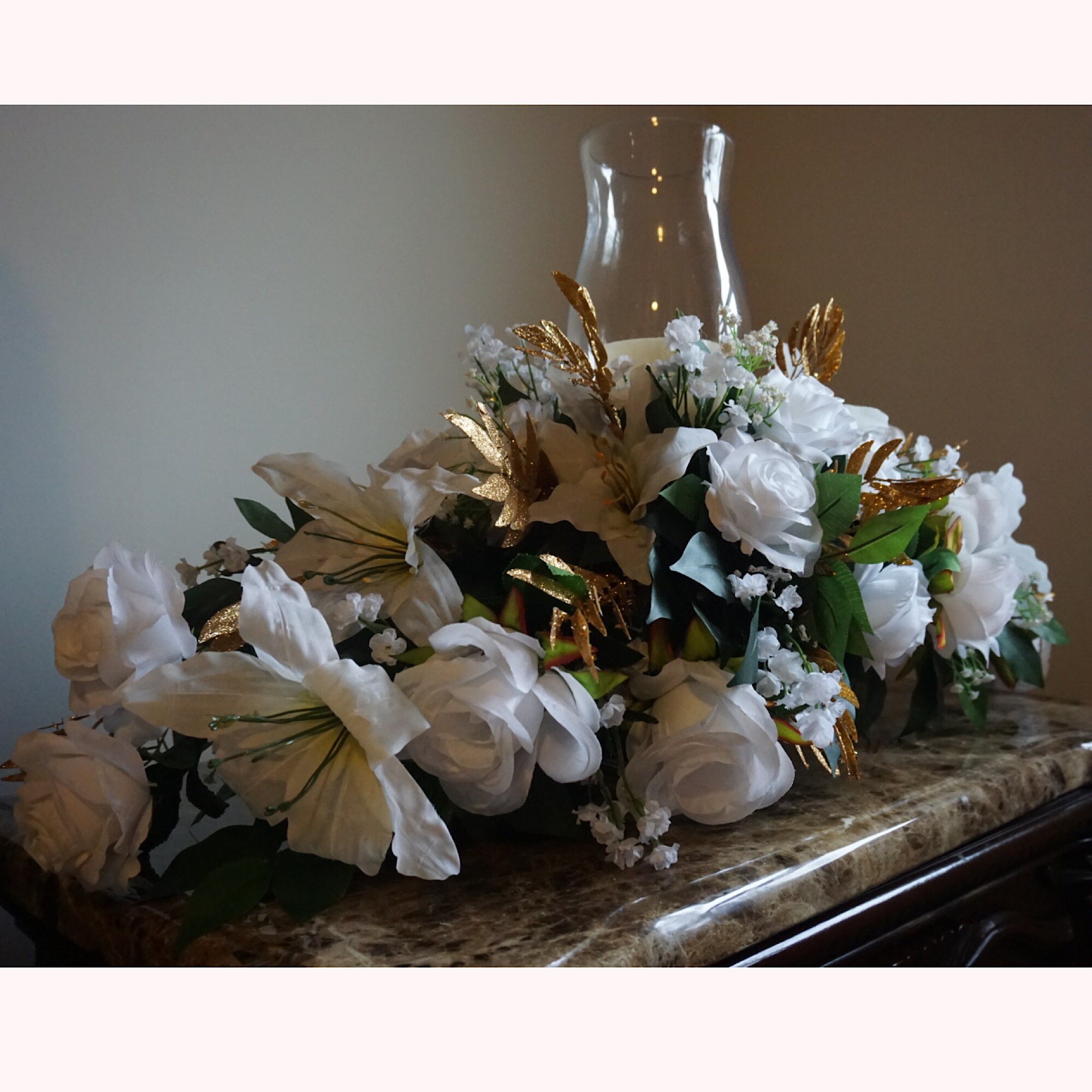 Long Centerpiece With Square Shaped Glass Vase, Hurricane Candle Holder ...