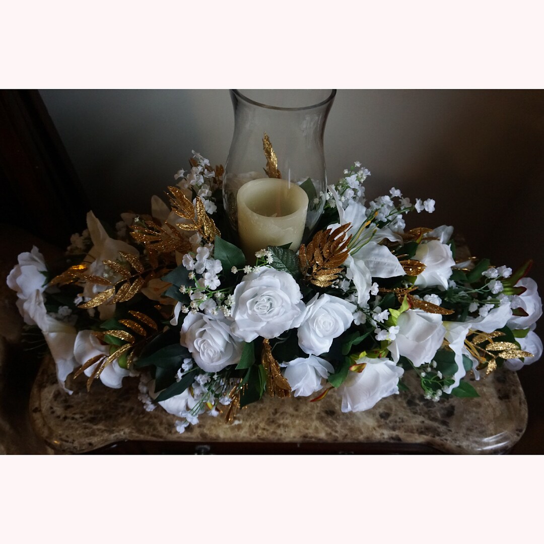 Long Centerpiece With Square Shaped Glass Vase, Hurricane Candle Holder ...