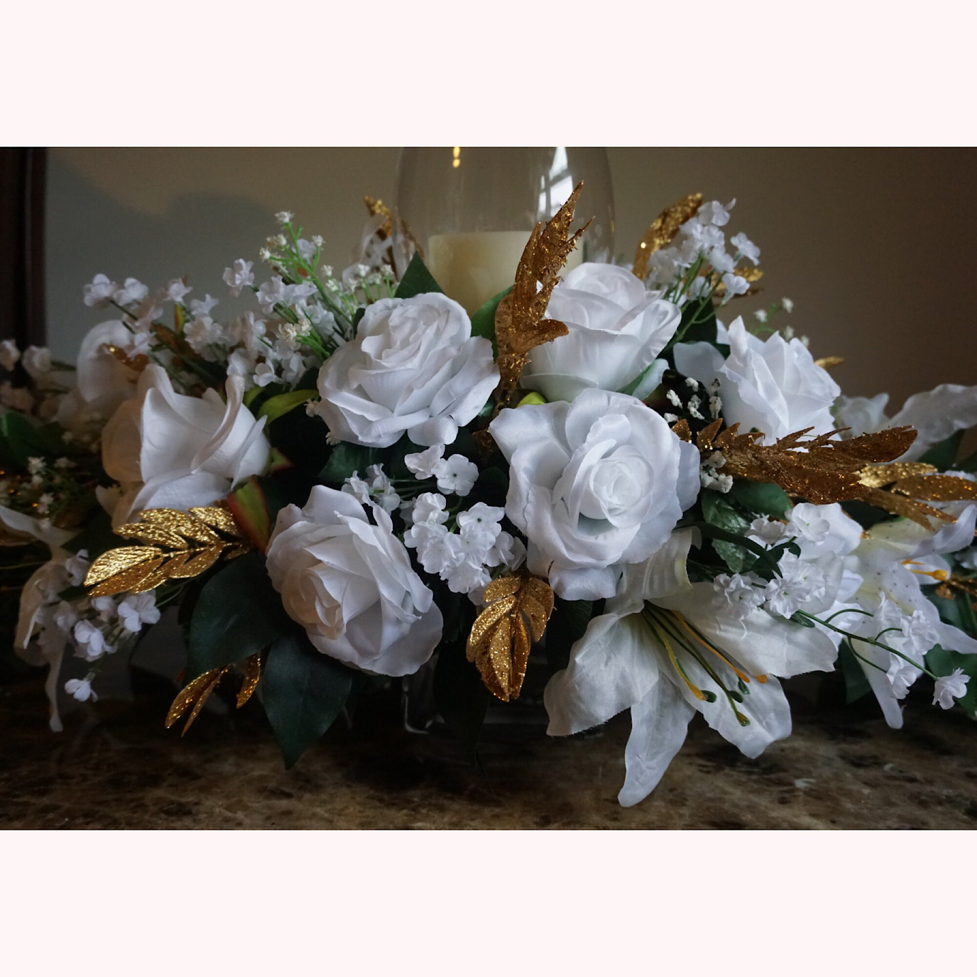 Long Centerpiece With Square Shaped Glass Vase, Hurricane Candle Holder ...