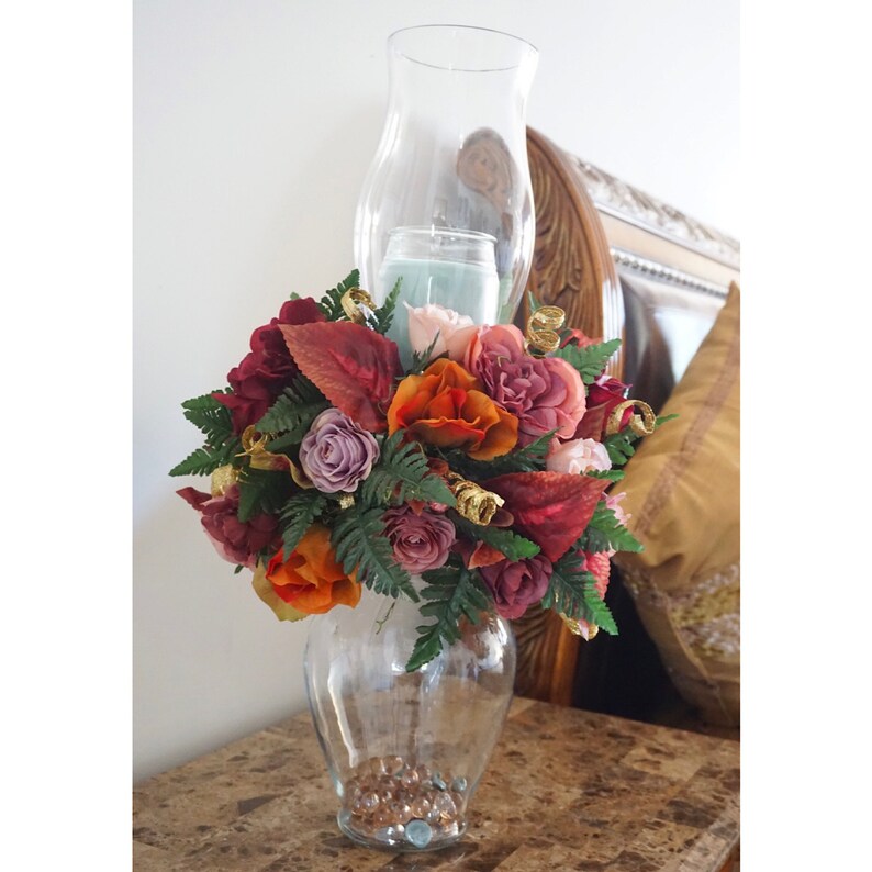 Multicolor Centerpiece Flower Arrangement With Hurricane Candle Holder ...