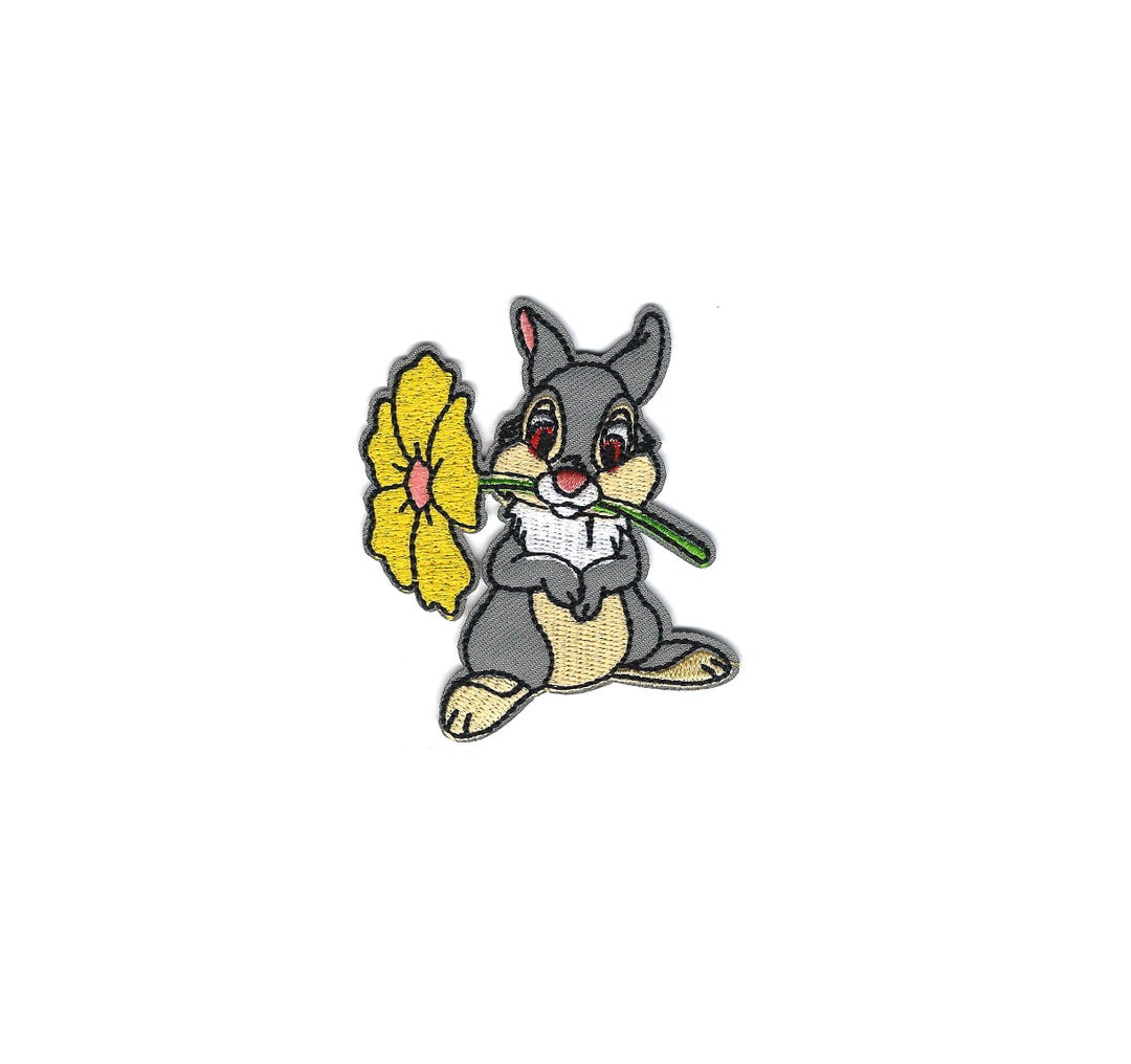 2.5x3.25" Gray Rabbit Thumper Yellow Flower Embroidered IRON ON / SEW ...