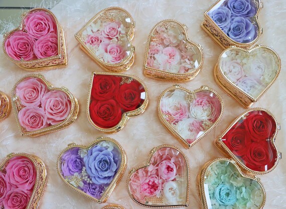 Heart Shape Preserved Roses Golden Metal Box With Glass Lid | Etsy