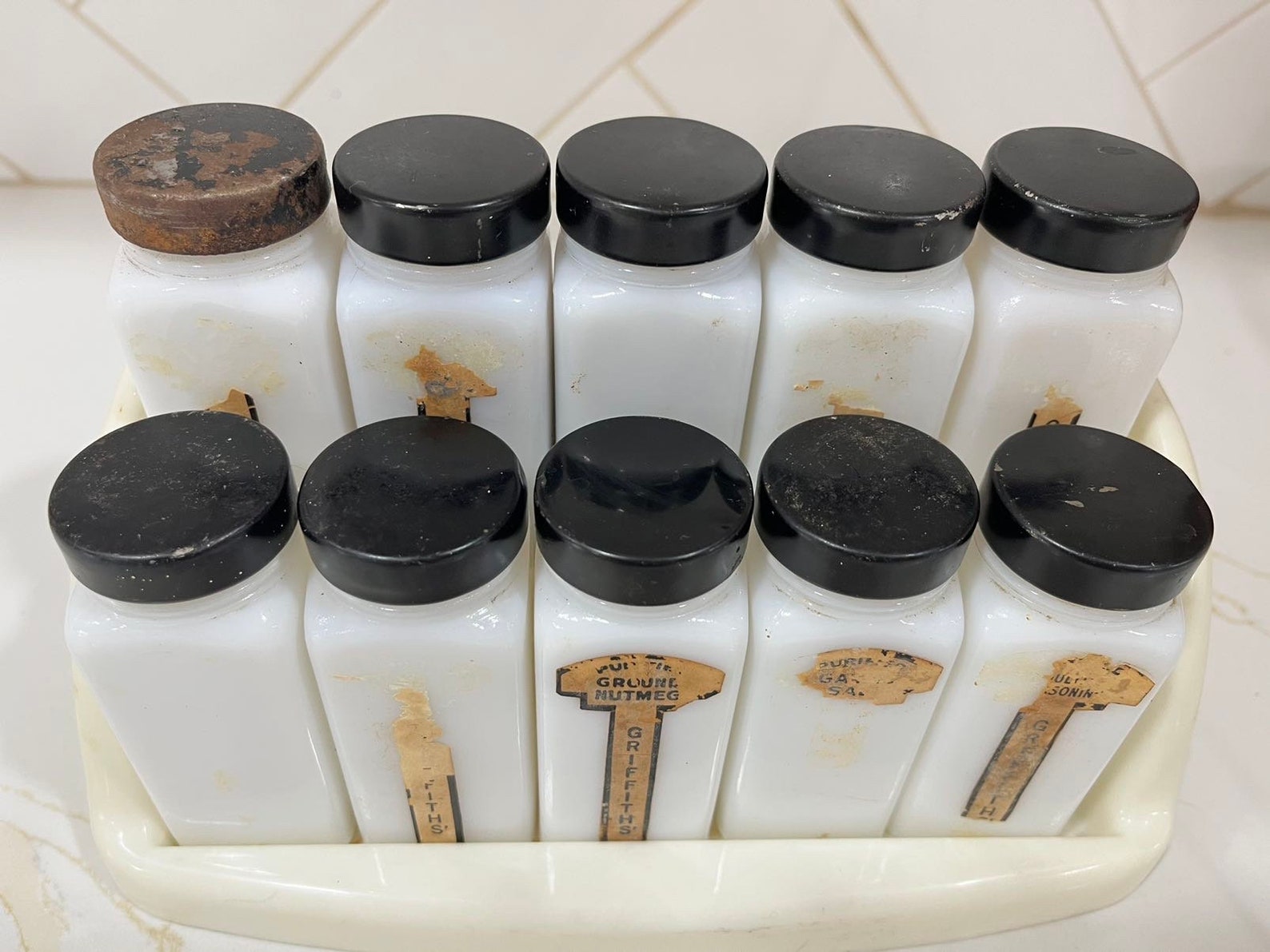 Griffith's Milk Glass Spice Jars With Mounting Tiered Rack, 10 Glass ...