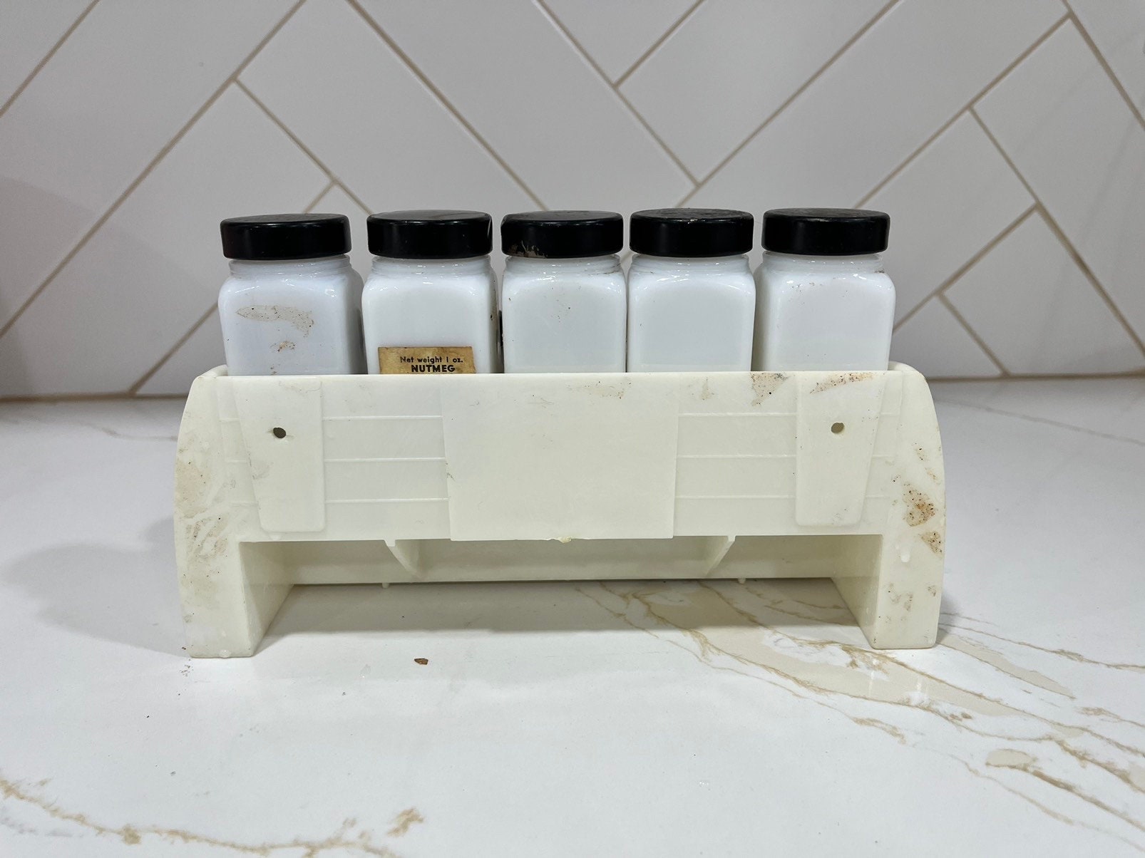 Griffith's Milk Glass Spice Jars With Mounting Tiered Rack, 10 Glass ...