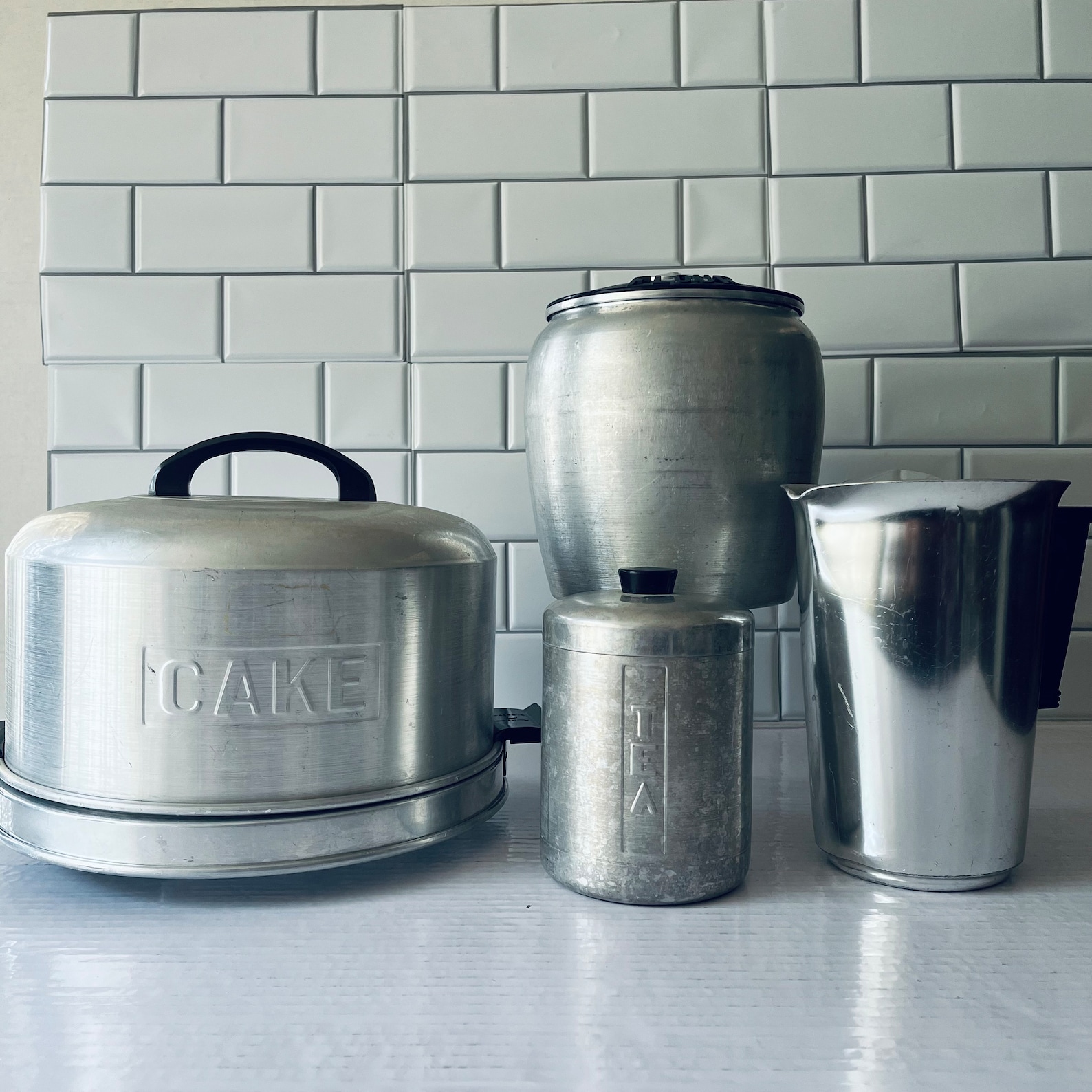 Kromex Aluminum Canisters, Cake Carrier, Beacon Ware Pitcher, Vintage ...