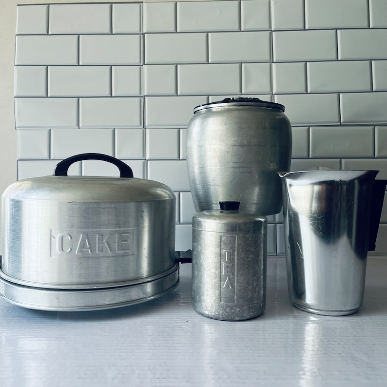 Kromex Aluminum Canisters, Cake Carrier, Beacon Ware Pitcher, Vintage ...