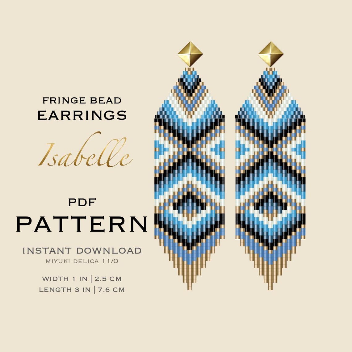 Blue, White and Gold Beaded Fringe Earrings Pattern, Miyuki Delica Bead Weaving Pattern ...